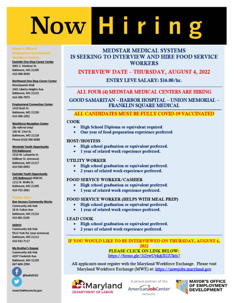 MedStar Health Hiring Food Service Workers – Southwest Partnership